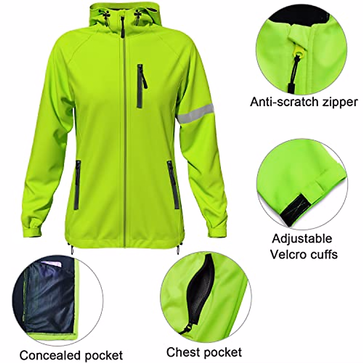 Wulibike Cycling Jackets for Womens Running Jacket Winter Thermal Reflective Hoodie Windproof Coat With 6 Pockets