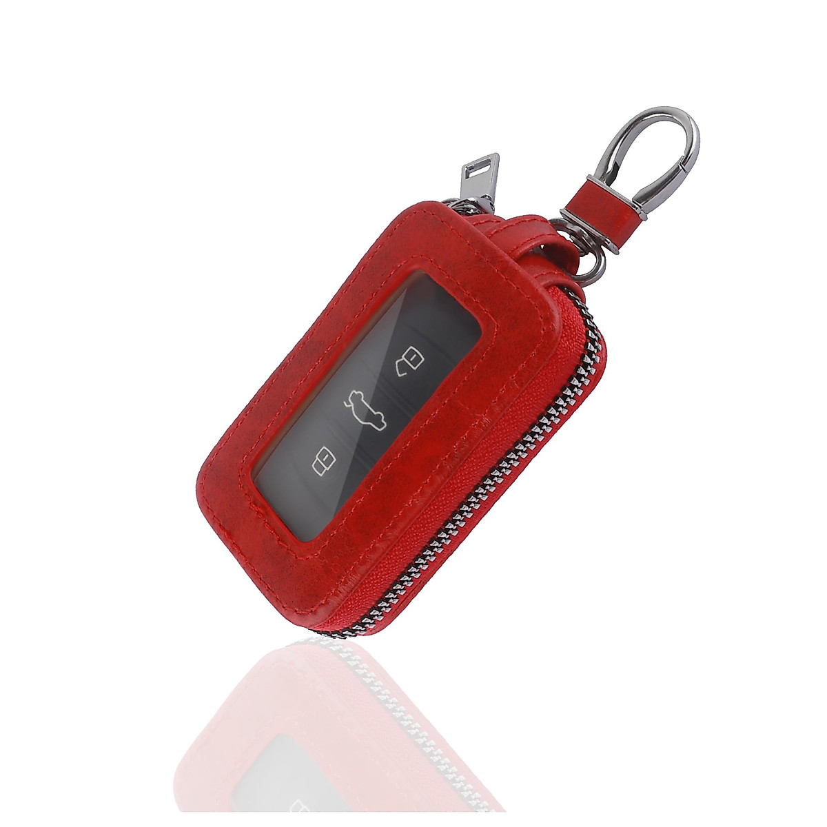 Turcee Car Key Cover,Leather Key Fob Case with Keychain & Carabiner,Universal Smart Key Fob Holder Fits Most Cars (Red)