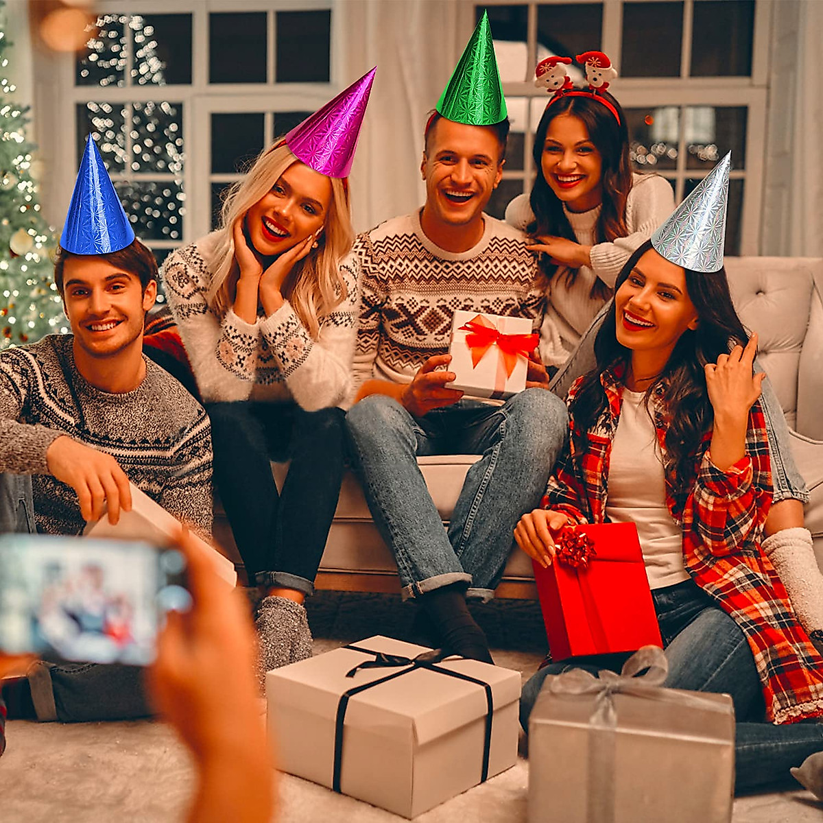 Lainrrew Metallic Foil Party Cone Hats - 50 Pcs Colorful Paper Art Craft Caps for Birthday Parties, Wedding, Christmas, Kids & Adults