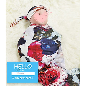 SUFEINI 4 in 1 Swaddle Blanket Set 32×32 inch Girl Boy Unisex Neutral Vintage Monthly Picture Blanket, Receiving Blanket with Bow Headband/Hat/Name Suggestion Cards Photo Props