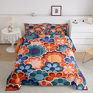 Abstract Retro Floral Comforter Set King Colorful Vintage Flower Power Bedding Set For Girls Teen Women 60S 70S Hippie Down Comforter Geometric Garden Botanical Psychedelic Quilt Duvet 2 Pillow Cases