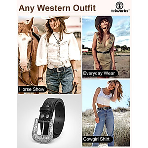 TRIWORKS Western Leather Belt for Women Men Cowgirl Cowboy Floral Engraved Tooled Leather Belt for Jeans Pants Dresses Rodeo,A-Black