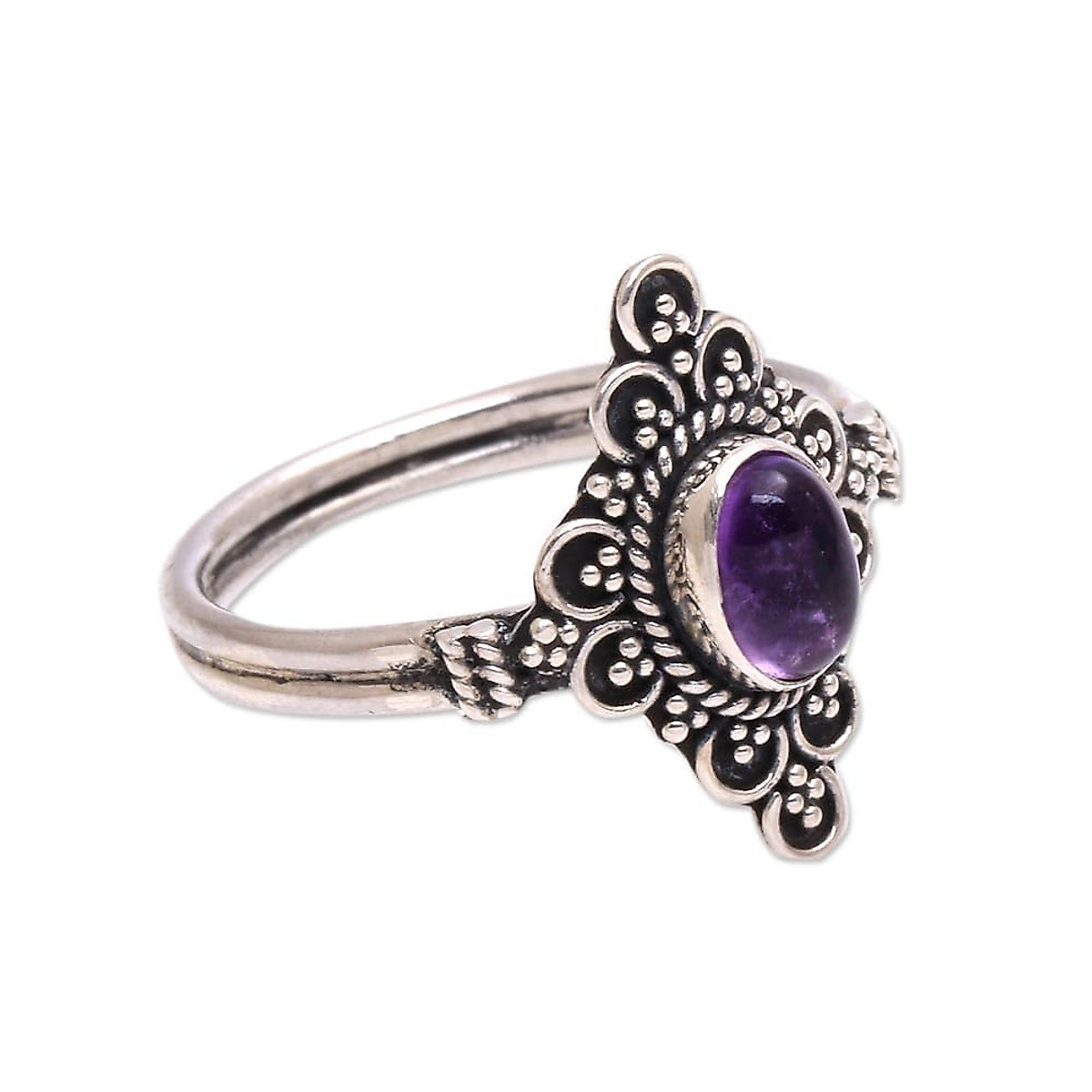 NOVICA Artisan Handcrafted Amethyst Cocktail Ring from Bali Sterling Silver Indonesia Birthstone Geometric [crownbezel 0.2 in H x 0.7 in W x 0.5 in D Band Width 3 mm W] ' Daydream Temple'