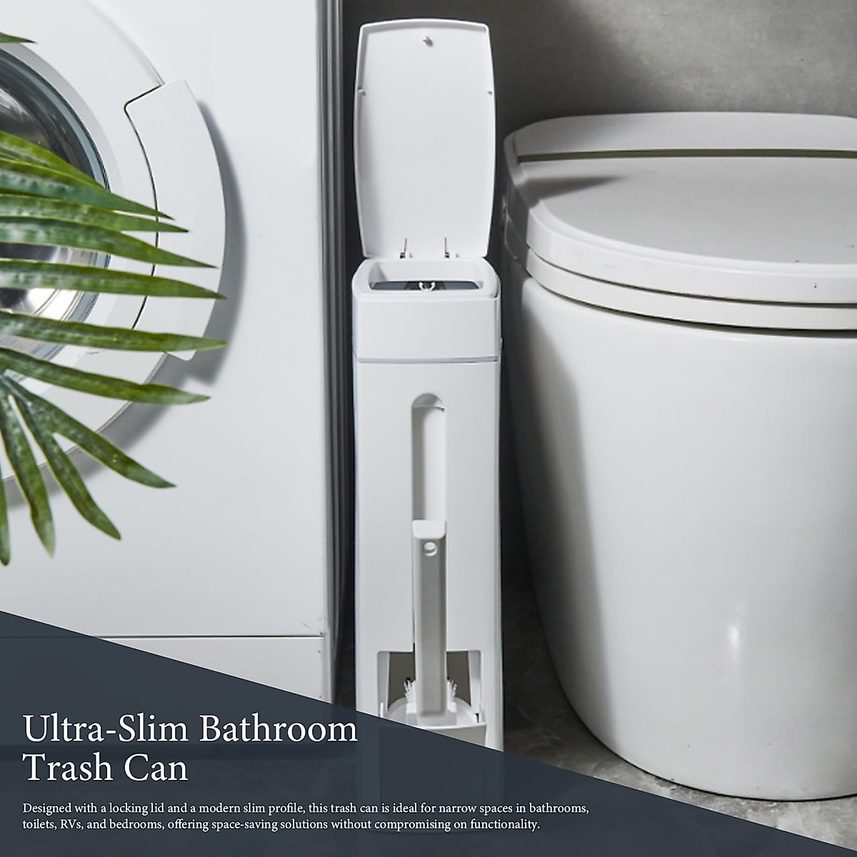 CurcKua Bathroom Trash Can Set Bathroom Garbage Can 16.5x8x4.3in 1.2-Gallon Slim Bathroom Bin with Toilet Brush Holder Press-Opening White Rectangular Toilet Trash Can for Toilet Kitchen Space Saving