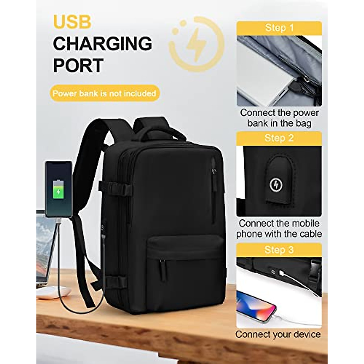 WONHOX Carry On Travel Laptop Backpack for Women Men, Flight Approved,Backpack, Travel Hiking Outdoor Sports Rucksack Casual Daypack Bag Backpack, Black Simple