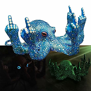 JINGBIN Octopus with Mother of Pearl Luminous Octopus with Middle Finger Novelty Gesture Octopus Art Ornaments Gift for Garden Indoor Outdoor Home Decoration Luminescent Statue Table Decor