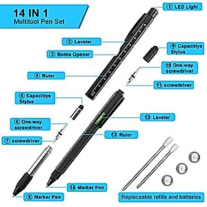 Tools for Men,Cool Gadgets,2 Pack 9 in 1 Multitool Pen Set with LED Light, Touchscreen Stylus, Ruler, Level, Bottle Opener,Flathead, and Ballpoint Pen(Black）
