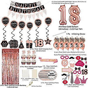 18th birthday decorations for girls - (76pack) rose gold party Banner, Pennant, Hanging Swirl, birthday Balloons, Foil Backdrops, cupcake Topper, plates, Photo Props,Sash,happy 18th Birthday gifts