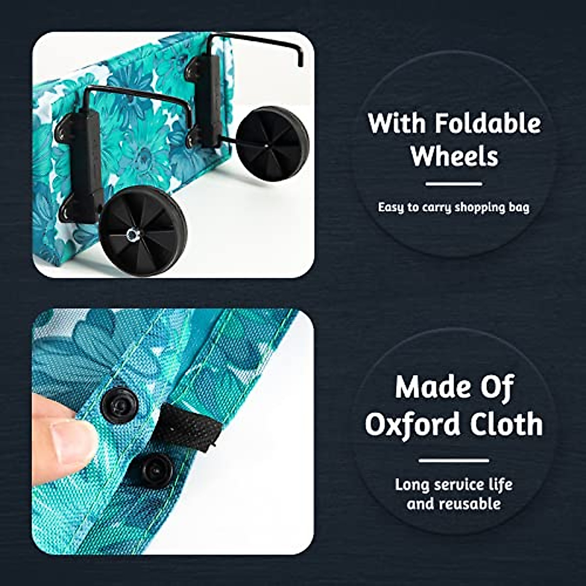 Foldable Shopping Bag with Wheels, Collapsible Portable Trolley Bags, Tote Grocery Bags Shopping Cart