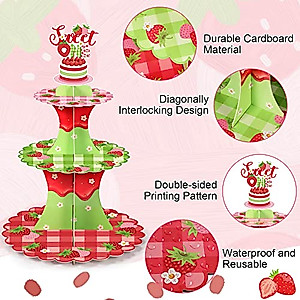 Rtteri 3 Tier Strawberry Themed Party Cupcake Stand Decorations Berry First Birthday Cupcake Holder Decor Summer Fruit Dessert Tower for Kids Girl Baby Shower Sweet 1st Birthday Party Supplies