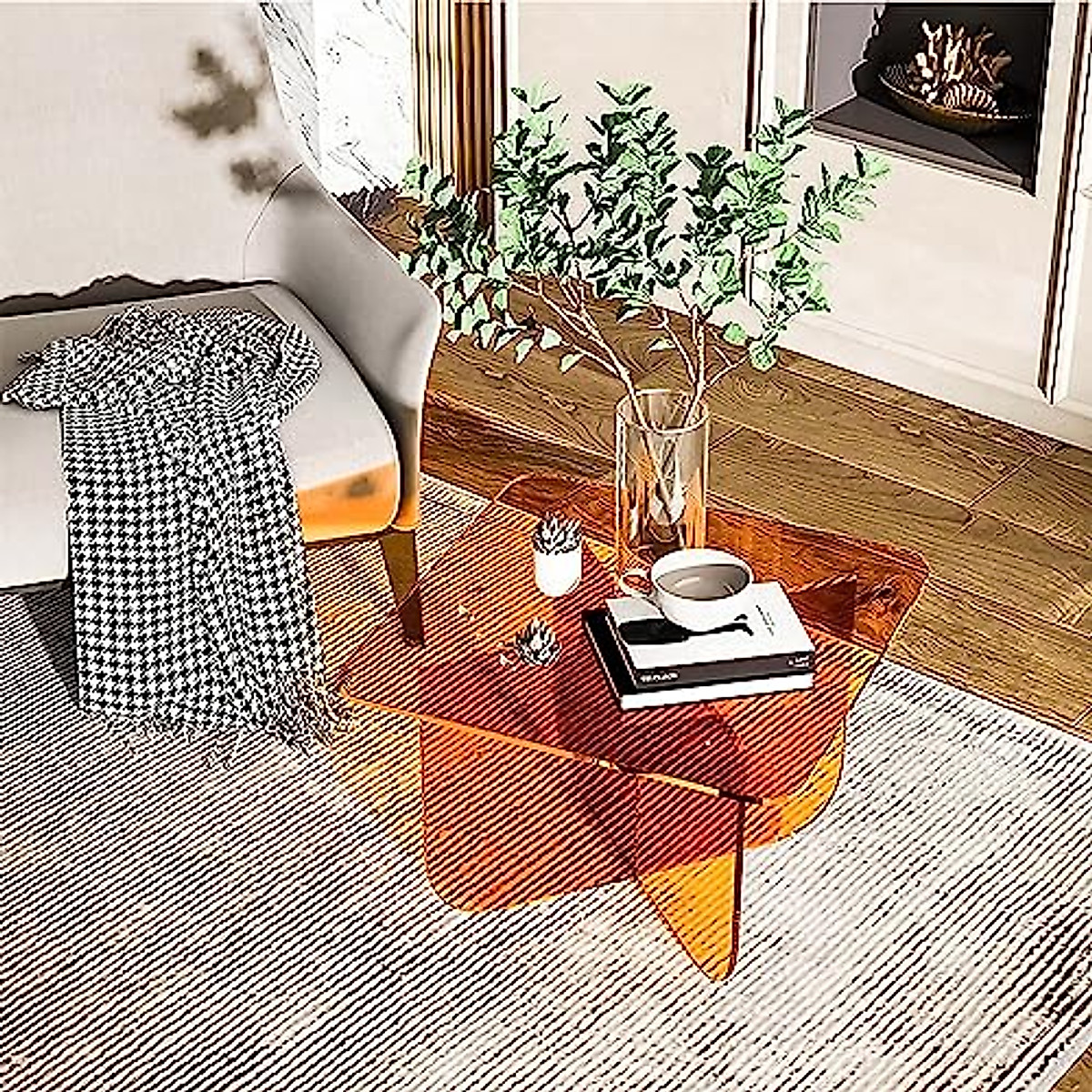 Casa Di Lumo Acrylic Coffee Table, 20" L x 20" W x 16" H, Transparent Colorful Coffee Table, Small Acrylic Clear Side Table, Modern Tempered Living Room Table Rounded Edges (Orange)