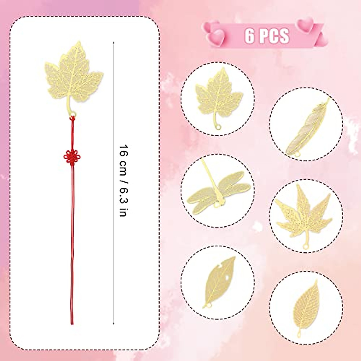 6pcs Metal Bookmarks with Chain, Golden Hollow Bookmark Vintage Exquisite Metal Bookmarks with Red Chinese Knot Hanging String Maple Leaf Dragonfly Feather for Book Lovers Teens Women Men
