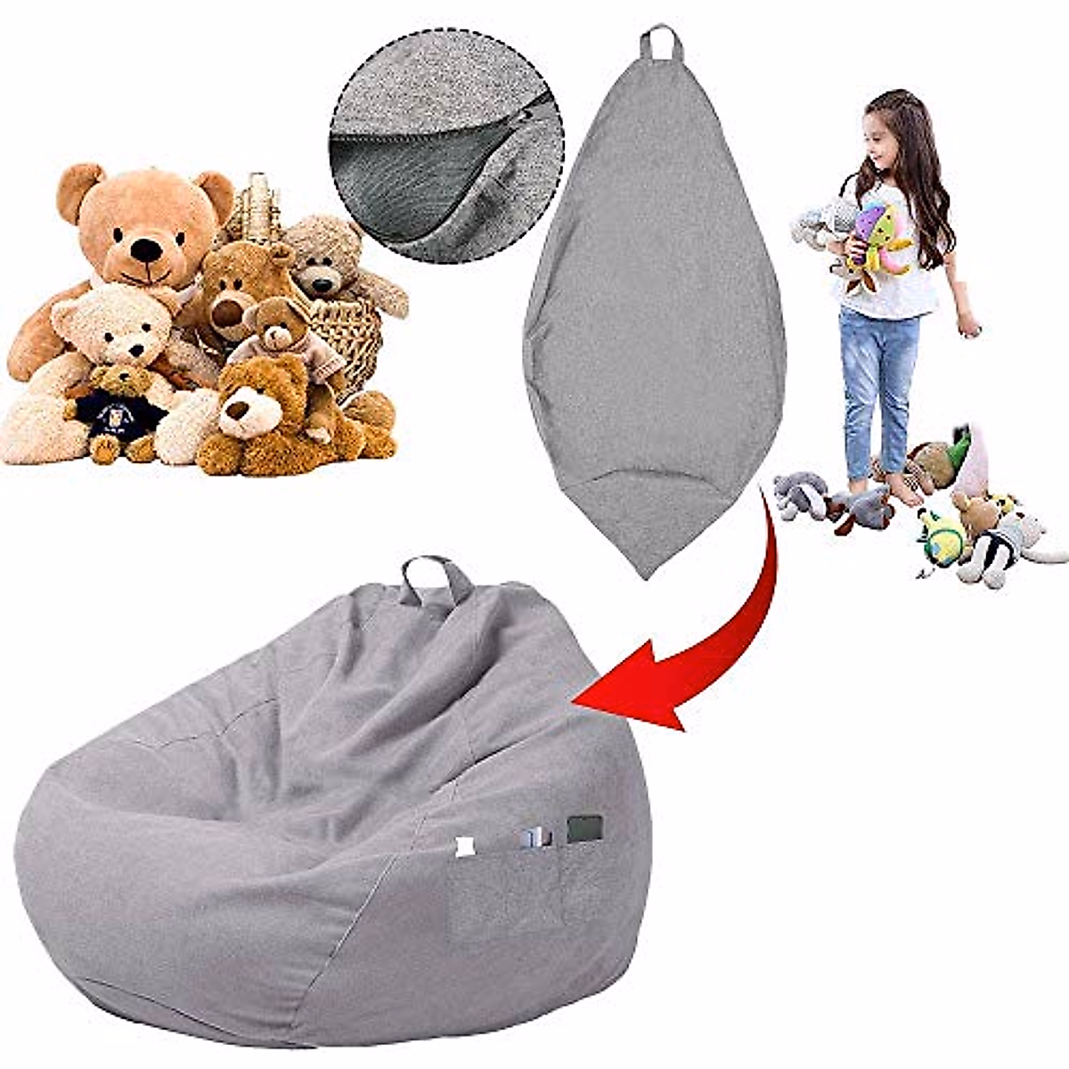 Librao Bean Bag Chair Sofa Cover Without Filler Lazy Lounger High Back Large Bean Bag Storage Chair Couch Cover with Three Side Pockets for Adults and Kids (Dark Gray, S-27.5x31.4)