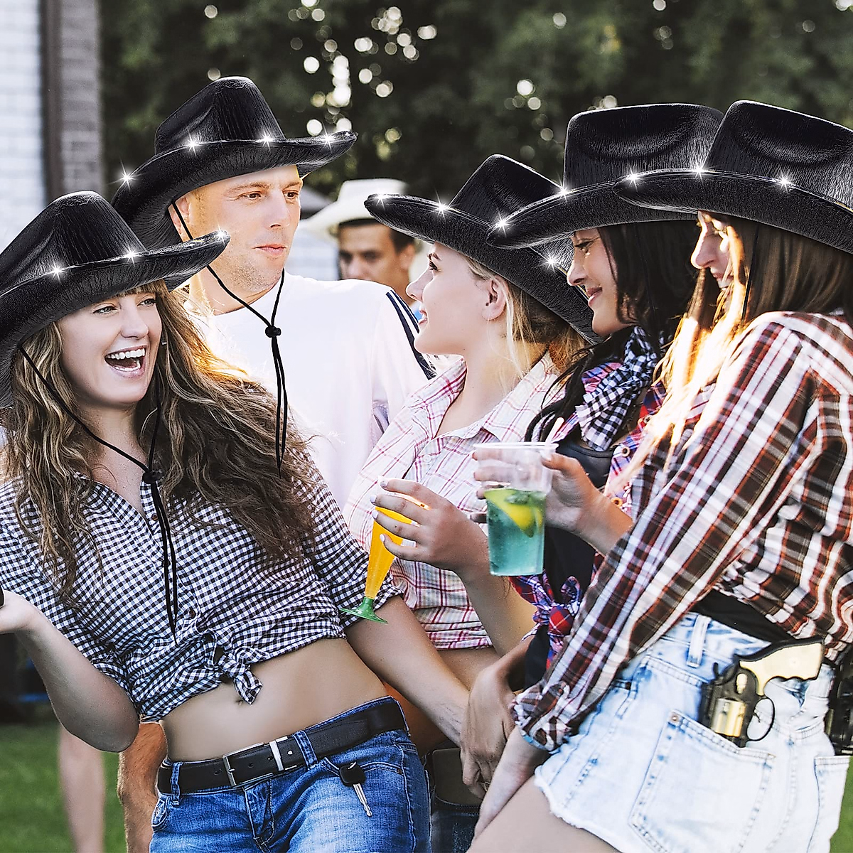 Janmercy 6 Pack Led Cowboy Hats Light Up Glitter Space Cowgirl Hat with 6 Heart Sunglasses for Women Girls and Men (Black)