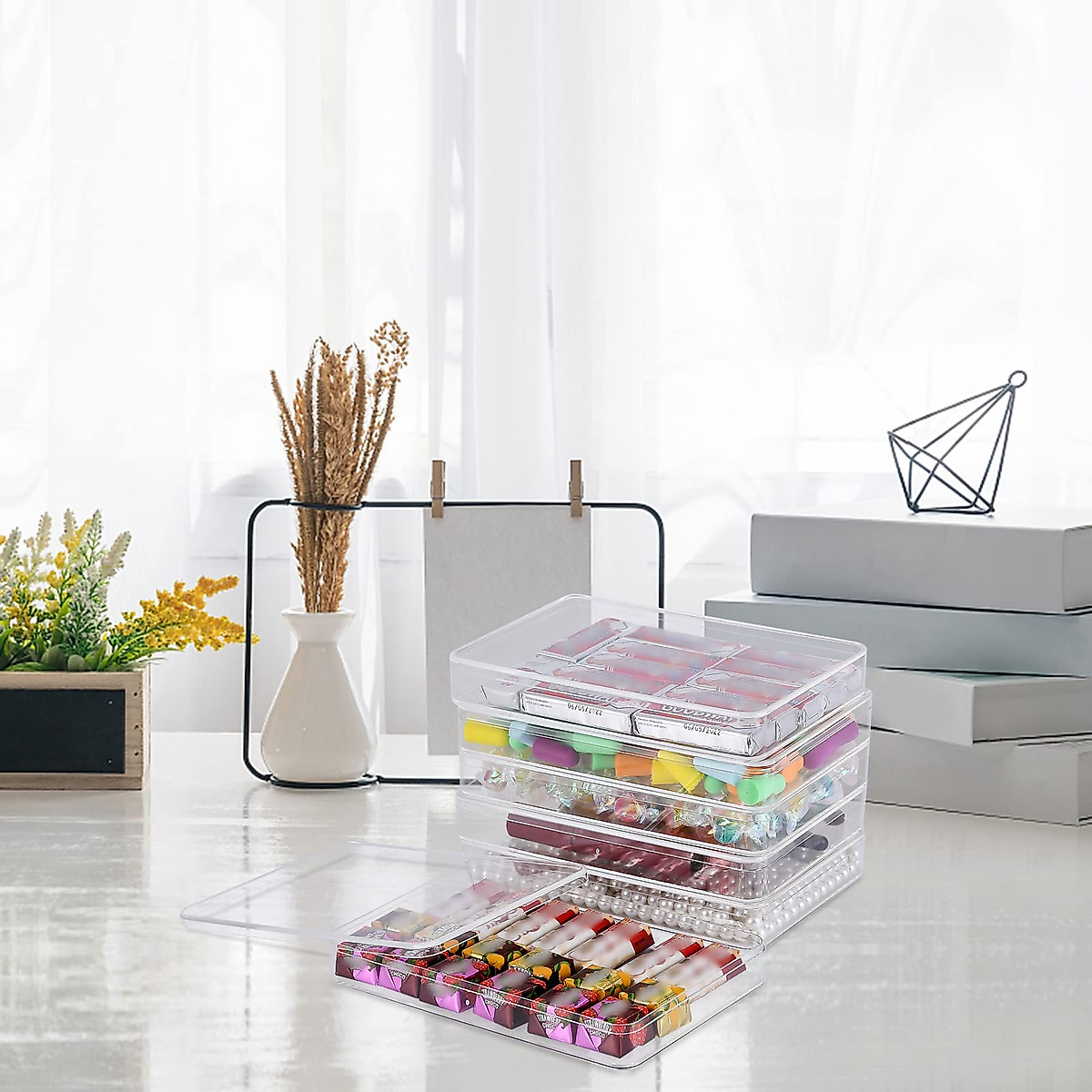 Clear Acrylic Square Cube Plastic , Worasign 6 Pack Plastic square cube containers with Lid Plastic Storage Boxes 7x4.7x1 Inches for Candy Pill ,Tiny Jewelry Beads, Coins, and findings, Craft Supplies, Sewing