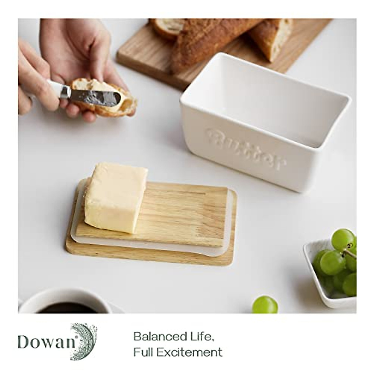 DOWAN Large Butter Dish, Butter Dish with Lid and Knife for Countertop or Fridge, Ceramic Butter Keeper Holds up to 4 Sticks, Airtight Butter Container, Farmhouse Kitchen Decor and Accessories, White