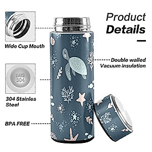 CaTaKu Cartoon Sea Fish Turtle Water Bottle Insulated 16 oz Stainless Steel Flask Thermos Bottle for Coffee Water Drink Reusable Wide Mouth Vacuum Travel Mug Cup