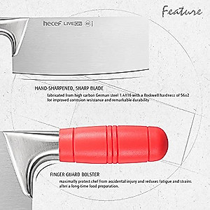hecef Cleaver Knife 8 Inch, Chinese Chef Knife, German Stainless Steel Slicer Cleaver, Vegetable Meat Cutting Knife for Home & Restaurant, Red