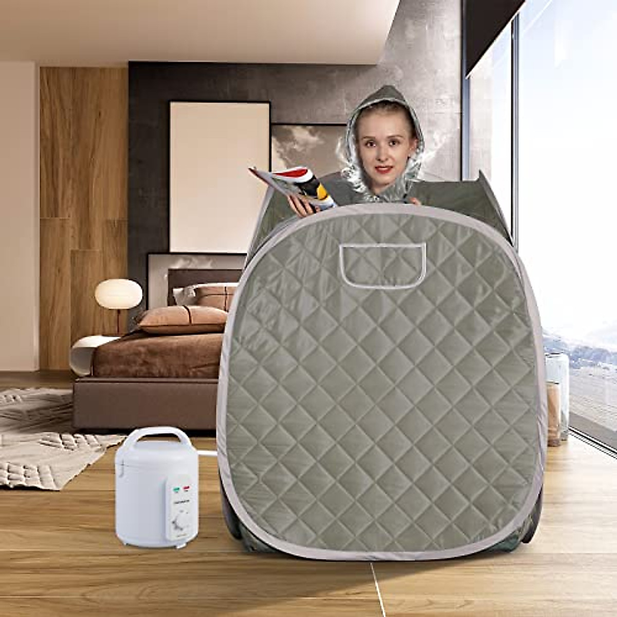 Smartmak Portable Steam Sauna Kit, Personal Full Body at Home Spa Tent with 1.8L 900 Watt Steam Generator, Single Person Sauna Steamer, Timer for Detox Relaxation (L 33.5”x W 33.5”x H 41.4”, Grey)