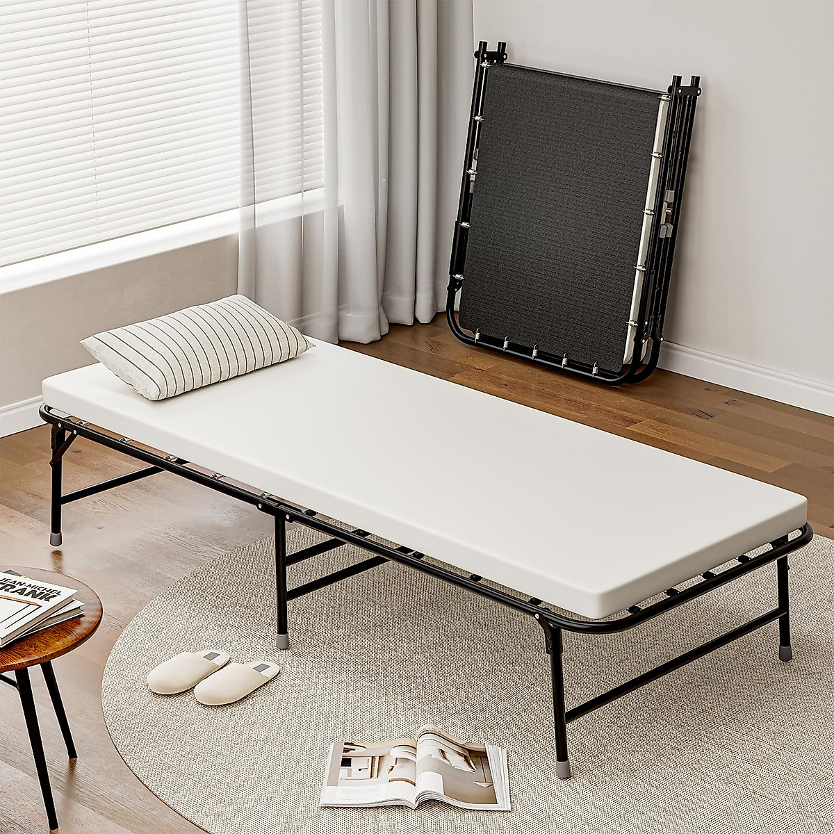Rollaway Bed, 75" Folding Bed Sturdy Metal Frame Folding Guest Bed with Memory Foam Mattress for Bedroom, Office, Camp, No Assembly Required