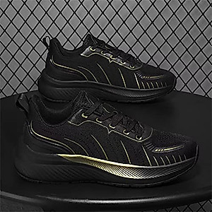 GSLMOLN Running Shoes for Women Non Slip Sneakers Comfortable Walking Shoes Lightweight Breathable Gym Workout Athletic Fashion Casual Black-Gold Size 7