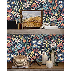 Orainege Floral Wallpaper Peel and Stick Wallpaper Boho Flower Contact Paper 15.7inx118.1in Self Adhesive Wallpaper for Bedroom Bathroom Cabinets Decor Vinyl Roll Removable