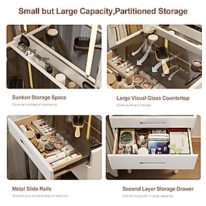 KASLANDI Solid Wood Vanity Desk with Plip Top Mirror & Lights, Small Makeup Vanity with Drawers, 3 Lighting Modes Adjustable Brightness, Vanity Table for Bedroom and Living Room（White