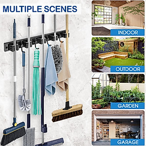 Mop and Broom Holder Wall Mount - Broom organizer wall mount - Mop Holder Wall Mount - Broom Hanger - 9.8 Oz, Stainless Steel - 2 Installation Ways, Maximum Load 20kg, Adjustable 5 Racks and 4 Hooks
