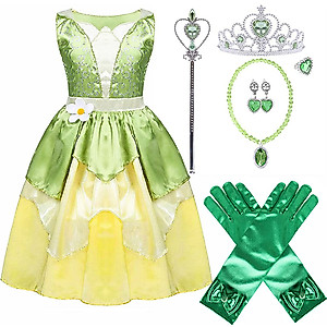 Princess Tiana Dress for Girls Green Fairy Frog Birthday Party Fancy Dresses Halloween Elf Costume Outfits with Accessories (2-3T)