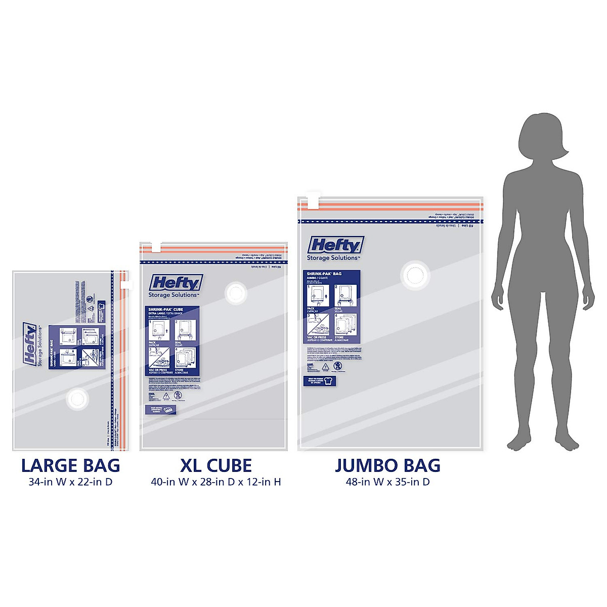 Hefty Shrink-Pak Starter Kit - 2 Large, 1 XL Cube, 1 Jumbo Vacuum Seal Storage Bag and Hand Pump – Space Saver Bags for Clothing, Pillows, Towels, or Blankets, 5 Pc Set