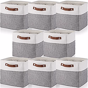 8 Pack Foldable Storage Cubes Baskets, Fabric Cube Storage Bins Collapsible Storage Basket with Leather Handles for Toy Clothes Kids Room Closet Nursery Storage (Gray)