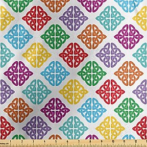 Lunarable Celtic Knot Fabric by The Yard, Colorful Antique European Ornate Design Mythological with Curved Lines, Decorative Satin Fabric for Home Textiles and Crafts, Multicolor