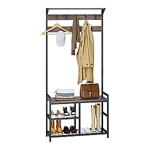 HOMEKOKO Coat Rack Shoe Bench, Hall Tree Entryway Bench with Storage, Wood Look Accent Furniture with Metal Frame, 3-in-1 Design (Dark Brown)