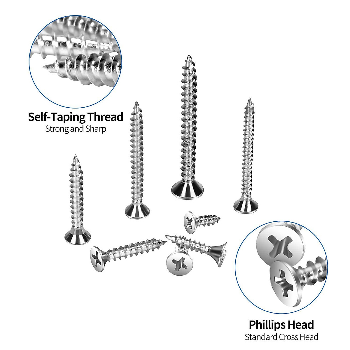 WELLOCKS Wood Screws 290 PCS #6#8#10 Metal Drywall Screws Assortment Upgrade Thicken Box Carbon Steel Flat Head Self Tapping Screw Kit with Handy Storage Box for Homemade Repair Woodwork(D001)