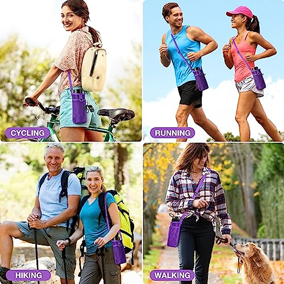 Water Bottle Bag with Strap, Mesh Water Bottle Holder Crossbody Bottle Sling Bag Adjustable Shoulder Strap and Pocket - Lightweight Water Bottle Carrier for Walking Sports Hiking Camping (Purple)