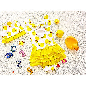 WINZIK Baby Girls One Piece Swimsuit Cute Duck Print Toddler Kids Swimwear Beachwear Bathing Suit Summer Clothes with Hat (12-18 Months, Yellow)