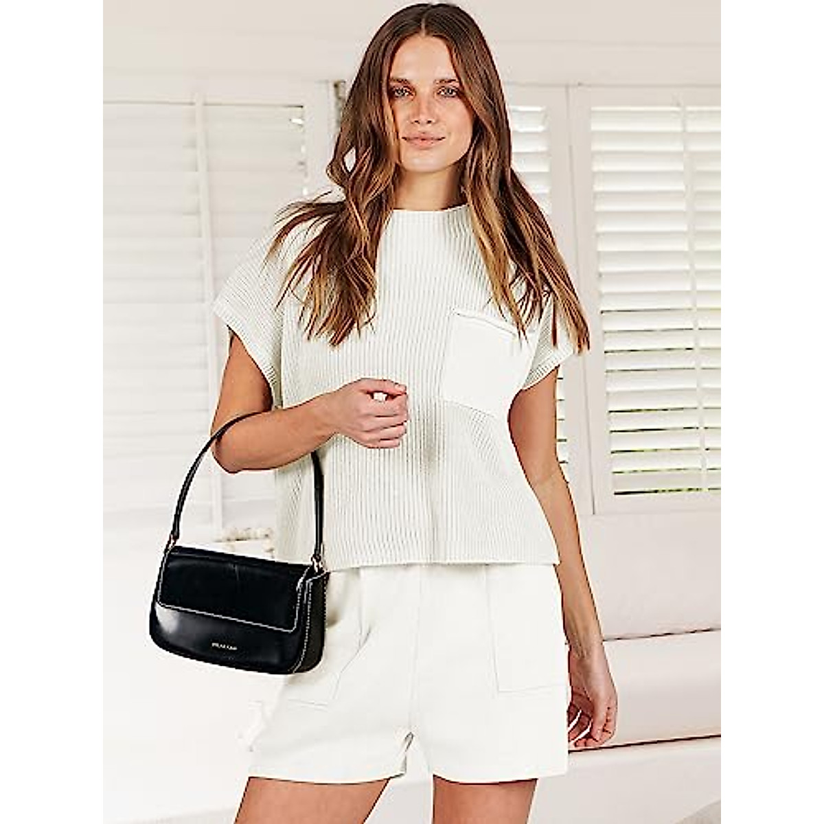 ANRABESS Women's Two Piece Outfits Sweater Sets Knit Pullover Tops and Casual Short Pants Tracksuit Matching Sets Loungewear 2023 Summer Fashion Clothes Sweat Suit 1122mibai-S