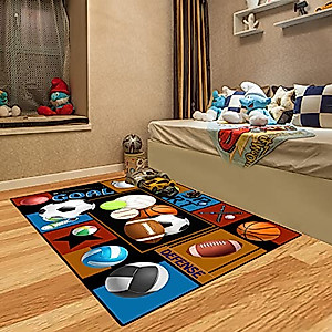 Balls Rugs Area Rug Non-Slip Fun Sport Rugs, Gaming Carpet Balls Print with Basketball Rugby Football Tennis for Boys Girls Bedroom Play Room Game Area Home Decor (63" x 47")
