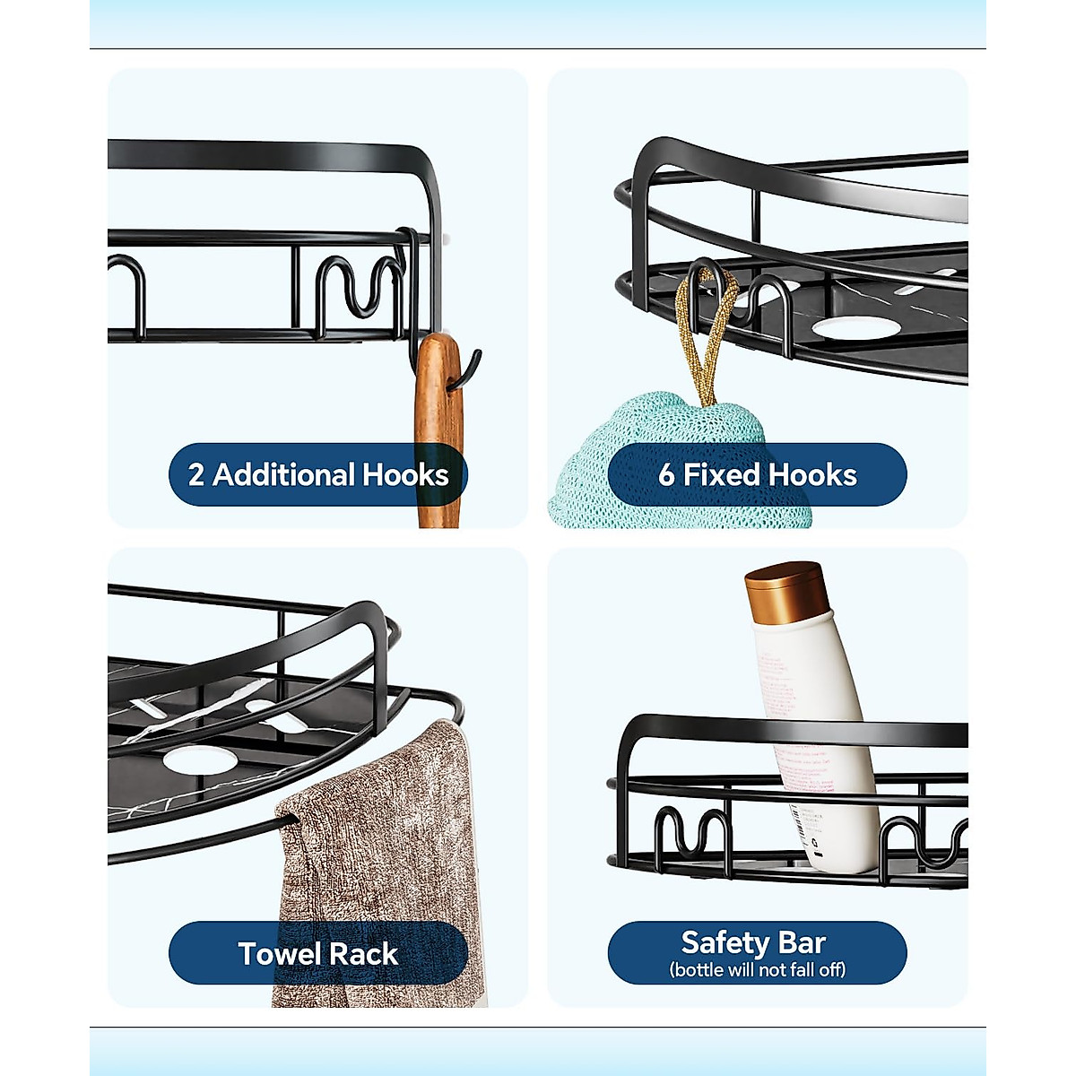 EUHOME Shower Caddy Tension Pole, Corner Shower Caddy Tension Rod 4 Adjustable Shelves Standing Shower Caddy for Bathroom Organizers Storage, Black