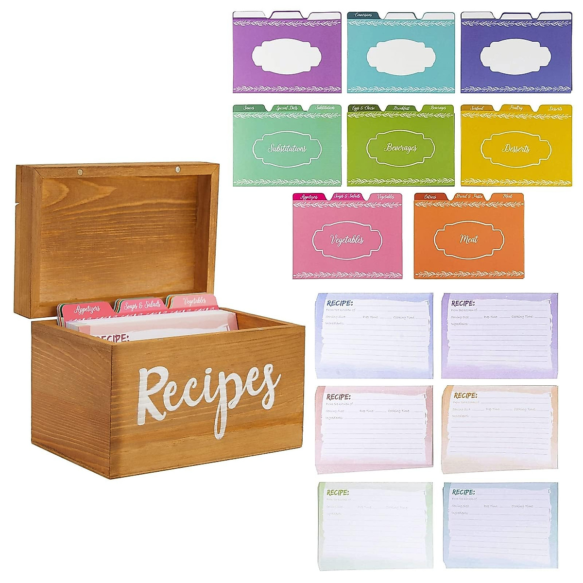 Juvale Wooden Recipe Box with Cards and 24 Dividers with Meat, Veggie, Dessert Tabs (7x5x5 in)