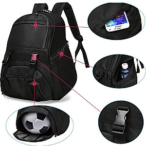 Youth Soccer Bags - Sports Backpacks for Soccer, Basketball, Football with Ball Holder for Boys Girls - Black