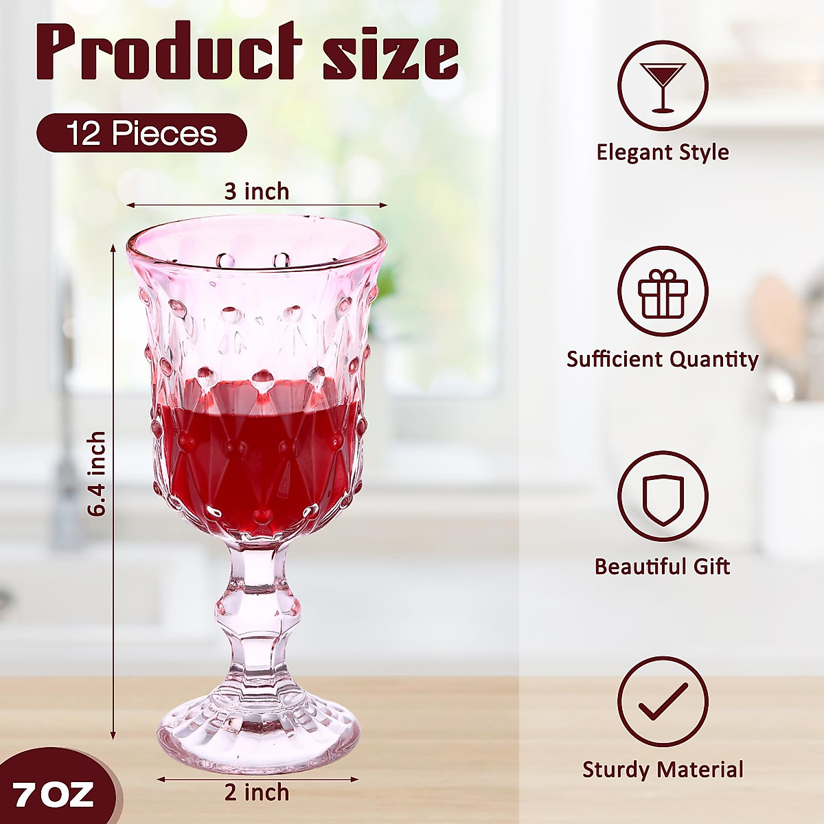 12 Packs Glass Goblet Set, Pink Wine Glasses Glassware Goblet, 7 oz Drinking Glasses Water Goblets Vintage Drinking Glassware Embossed Wine Glass Solid Color Glass Goblet for Wedding Party Restaurant