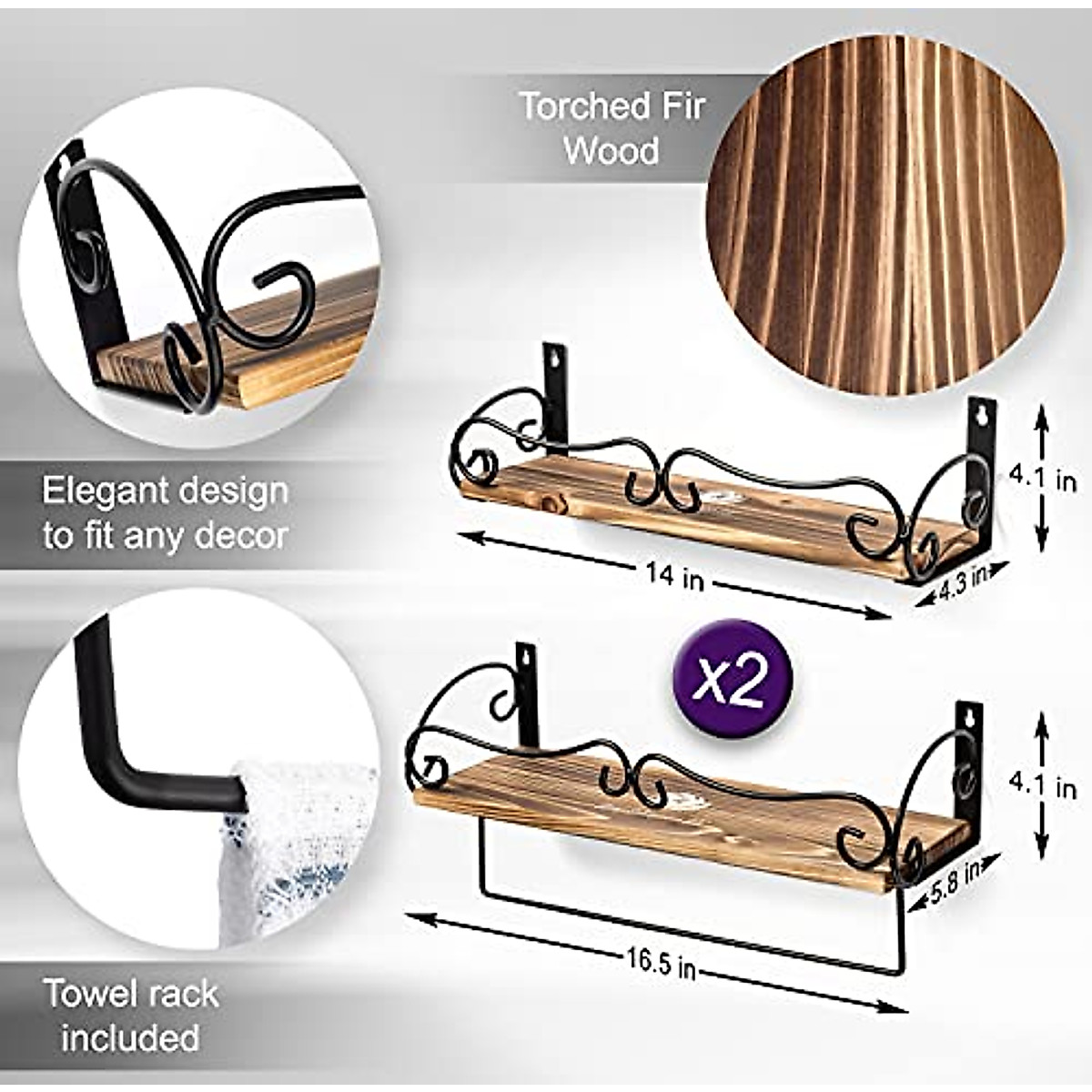 Masyl Floating Shelves Wall Mounted Set of 2, Rustic Wood Wall Shelves for Living Room Decor, Bathroom Organizer, Kitchen Storage, Home Décor, Made of Wood and Metal in Carbonized Brown Color