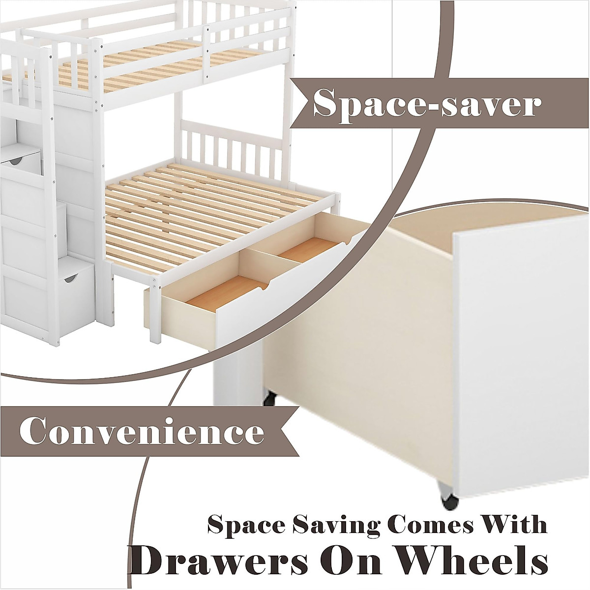 SOFTSEA Bunk Bed Twin Over Full with Drawers, Twin Over Twin Bunk Bed Frame with Storage Cabinet for Kids, No Box Spring Needed(White)