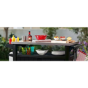 Keter Unity XL Portable Outdoor Table and Storage Cabinet with Hooks for Grill Accessories-Stainless Steel Top for Patio Kitchen Island or Bar Cart, Dark Grey