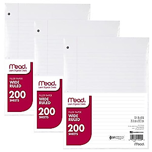 Mead Loose Leaf Paper, 3 Pack, Notebook Paper, Wide Ruled Filler Paper, Standard, 8 x 10.5, 200 Sheets per Pack (73183)