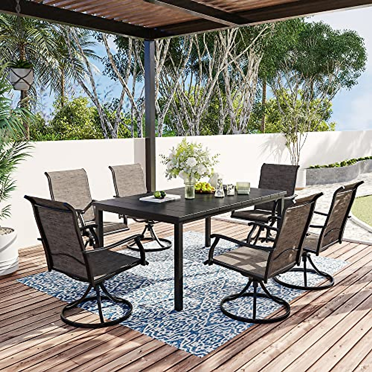 VICLLAX Patio Dining Table for 6, 63"x37.8" Rectangular Outdoor Metal Slats Patio Table for Patio Garden Front Porch, Deck, Black