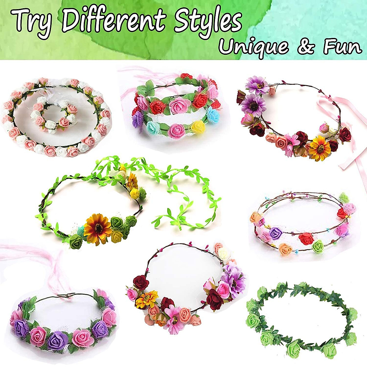 WUBOMJIO Flower Crowns Craft Kit, Make Your Own 12 PCs Flower Crowns Garland Handmade Arts and Crafts for Kids, DIY Fairy Flower Headbands and Bracelets,Hair Accessories Gift for Girls/Teens/Women