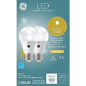 GE LED+ Dusk to Dawn LED Light Bulbs with Sunlight Sensors, Automatic On/Off Light Sensing Bulb, Soft White, A19 Bulbs (2 Pack)
