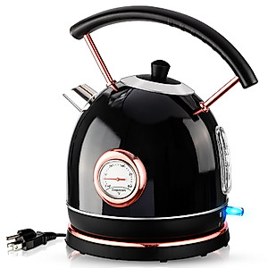Pukomc Retro Electric Kettle 1.7L, Stainless Steel Portable Fast Boiling, Cordless with LED Light, Unique Appearance with Temperature Gauge, Auto Shut-Off&Boil-Dry Protection (Black)